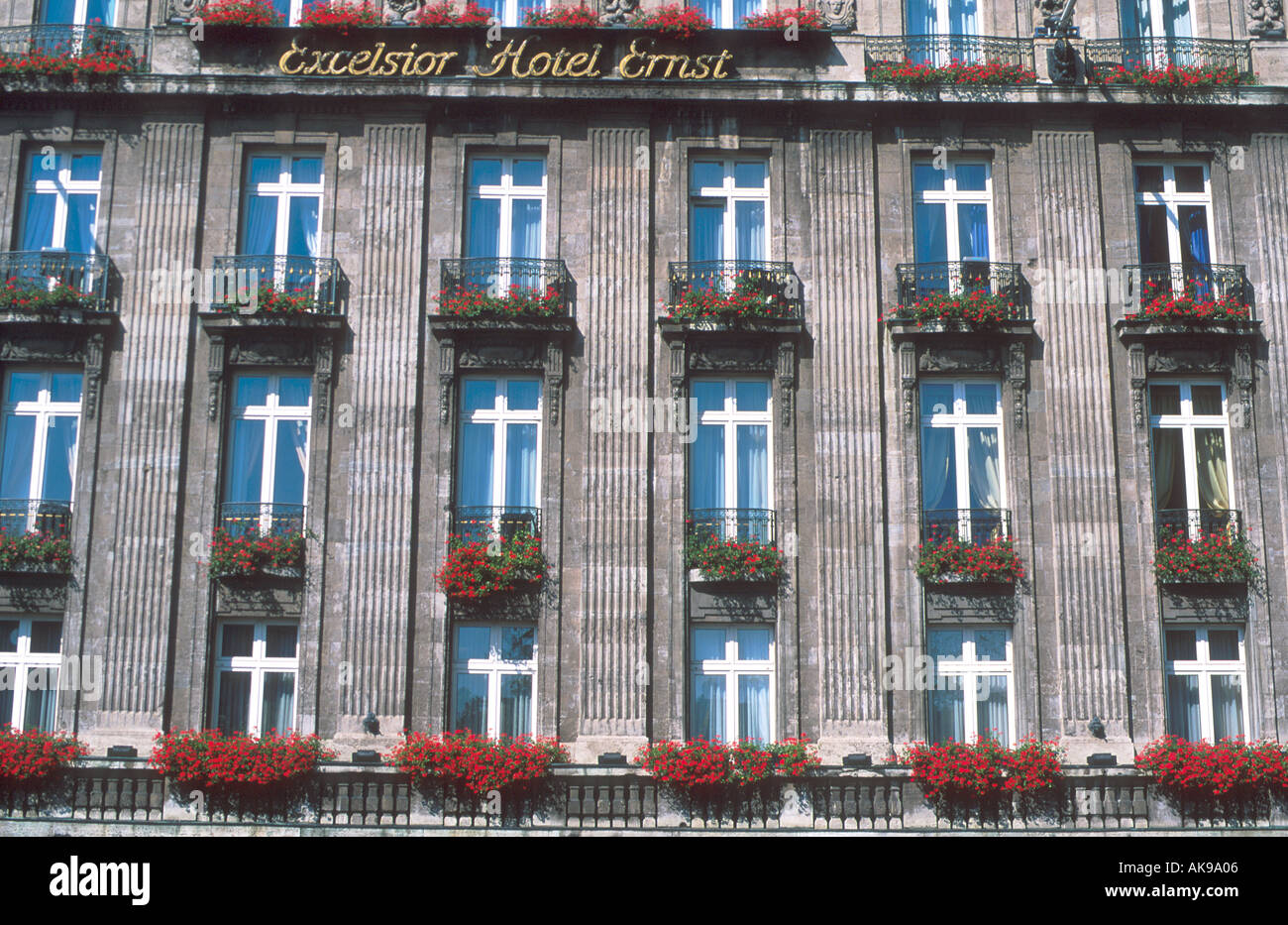 Flower window boxes on hotel at Cologne Germany Stock Photo - Alamy