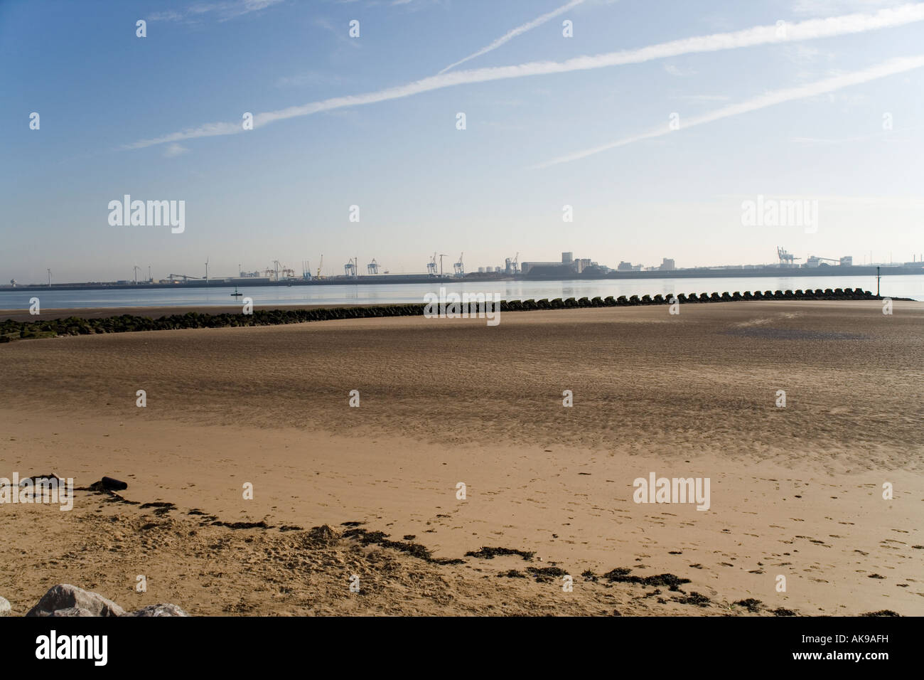 Bootle and Liverpool Docks and the Mersey River from New Brighton beach ...