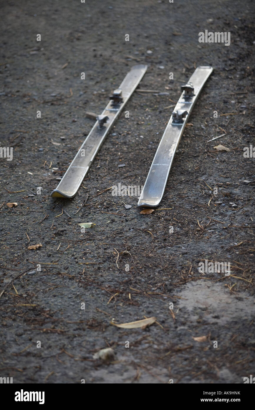 Skis on dry road Stock Photo - Alamy