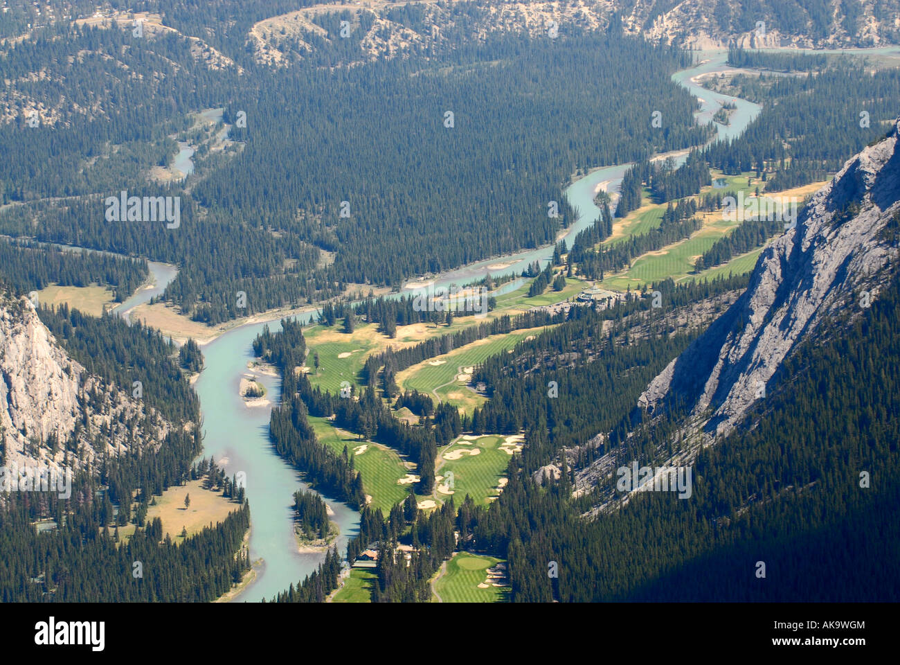 Aerial View of Bow River and Fairmont Banff Springs Golf Course Banff ...