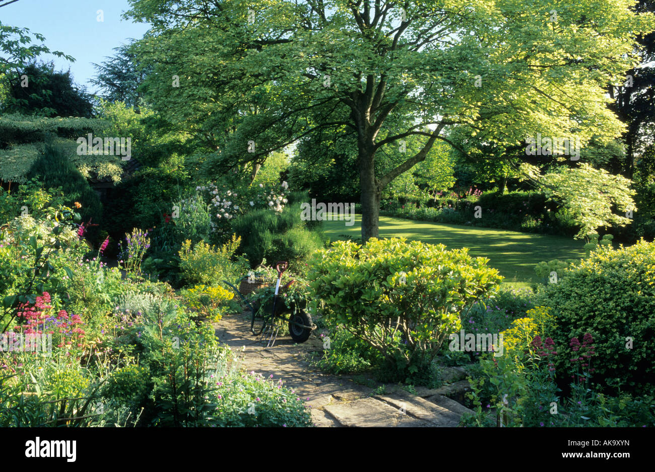 East Lambrook Manor Somerset Marjorie Fish garden with wheel barrow ...