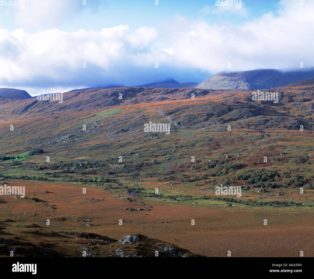 large wide valley with irelands highest mountain range in backdrop ...