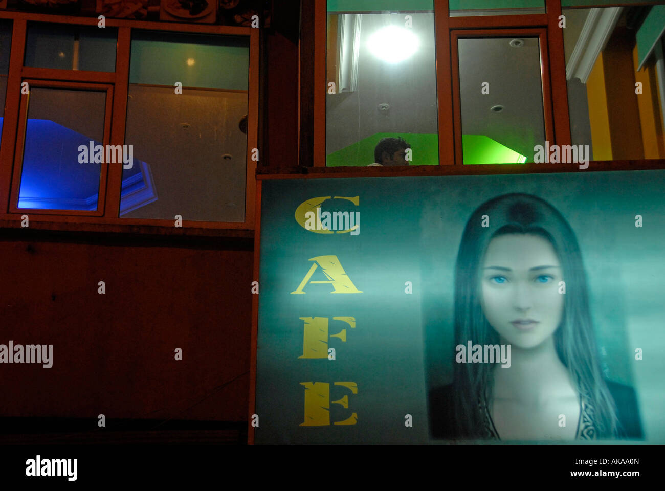 Cafe lit up by night in Hakkari near the Turkish-Iraqi border ...