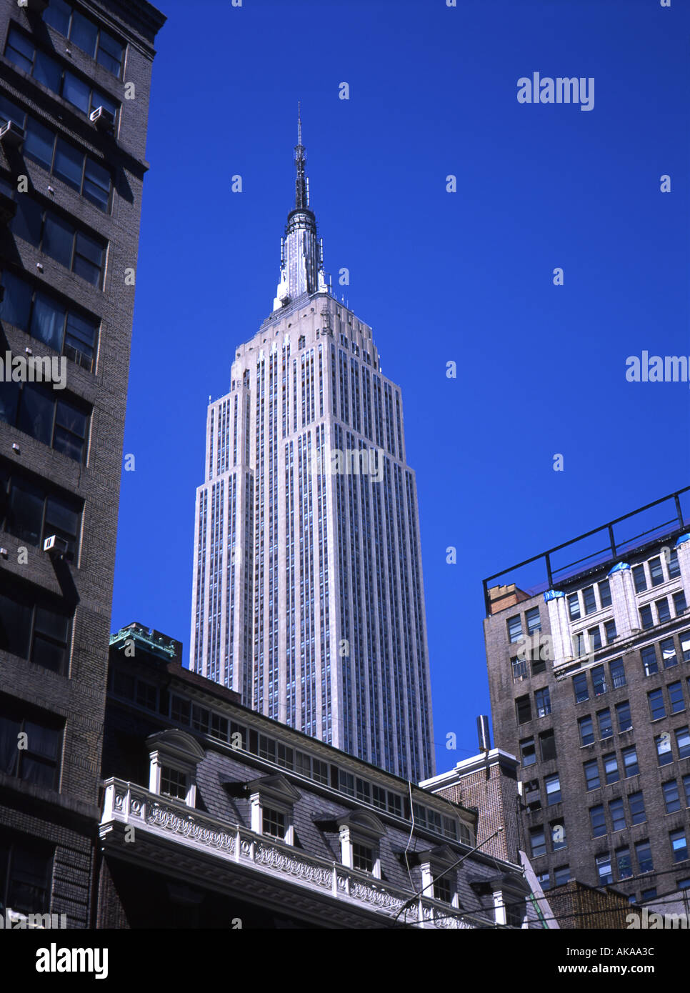 Empire state building rises above and between smaller buildings Stock ...