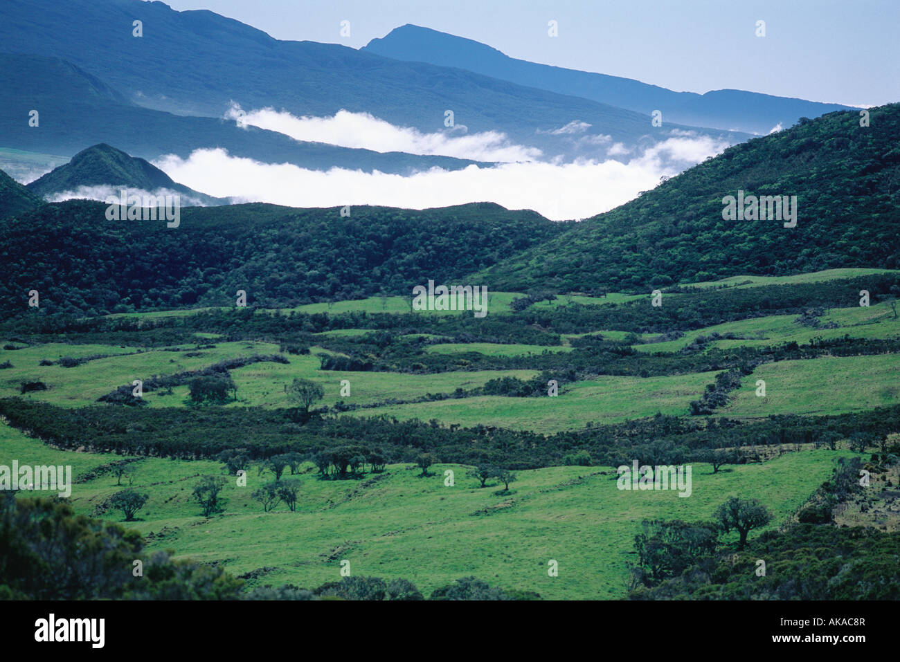 Reunion, low lying clouds in mountainous landscape Stock Photo - Alamy