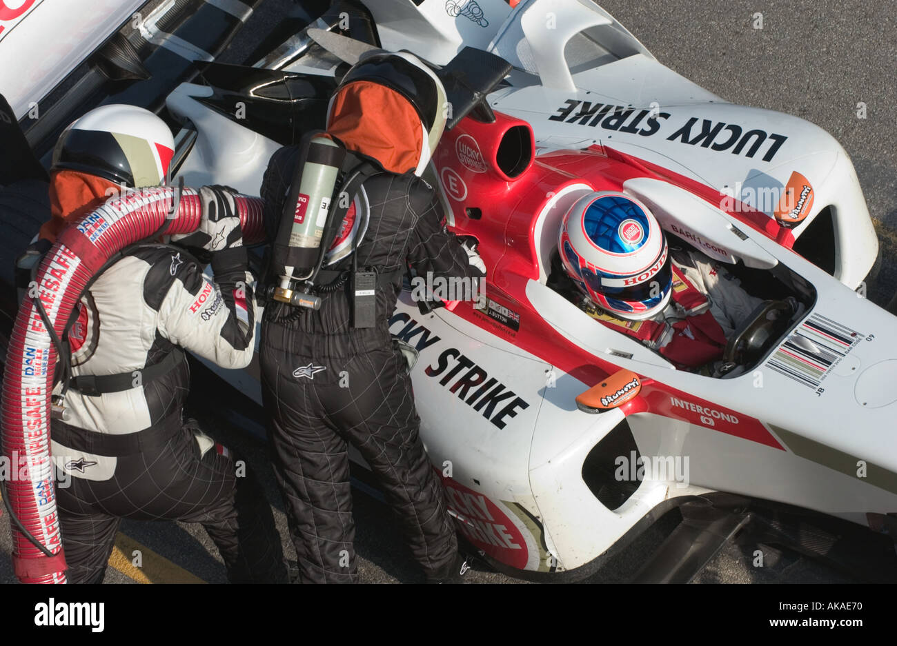Jenson Button in his BAR Honda Formula One racecar during fuelup in ...