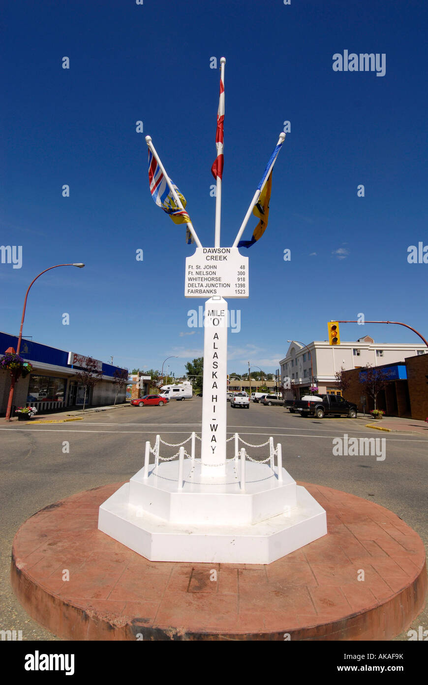 Mile Zero Post in downtown Dawson Creek British Columbia B C Canada ...