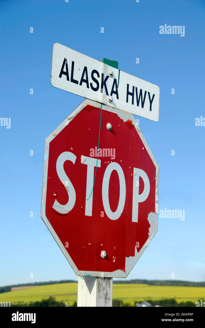 Stop sign on Alaska Highway ALCAN Al Can British Columbia B C Canada ...