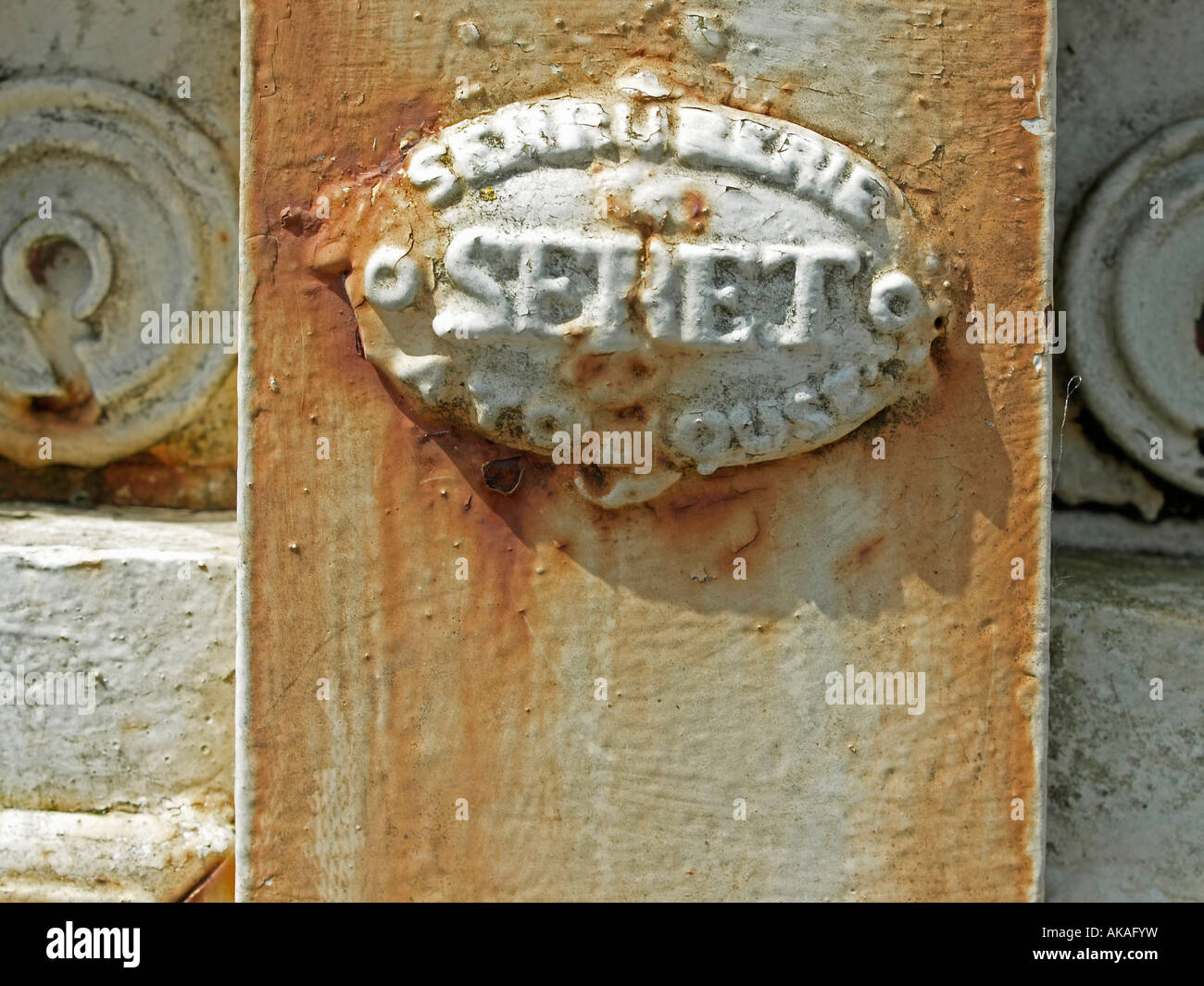 old rusty french iron shield for security lock with name Seret Stock ...