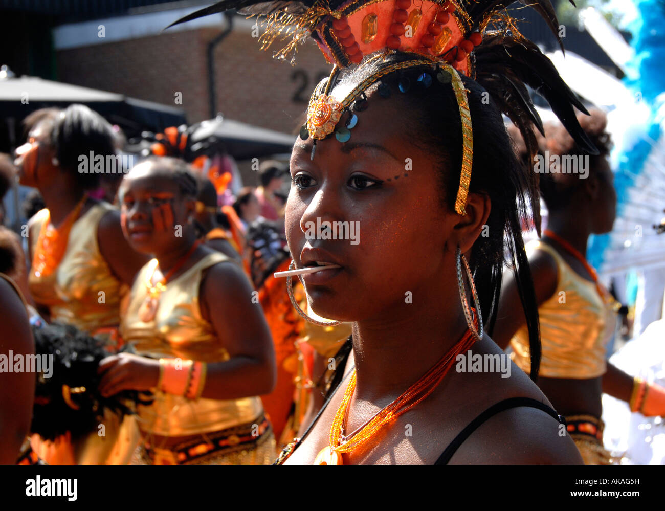 female Performers dancing in the parade at annual Notting Hill Carnival ...