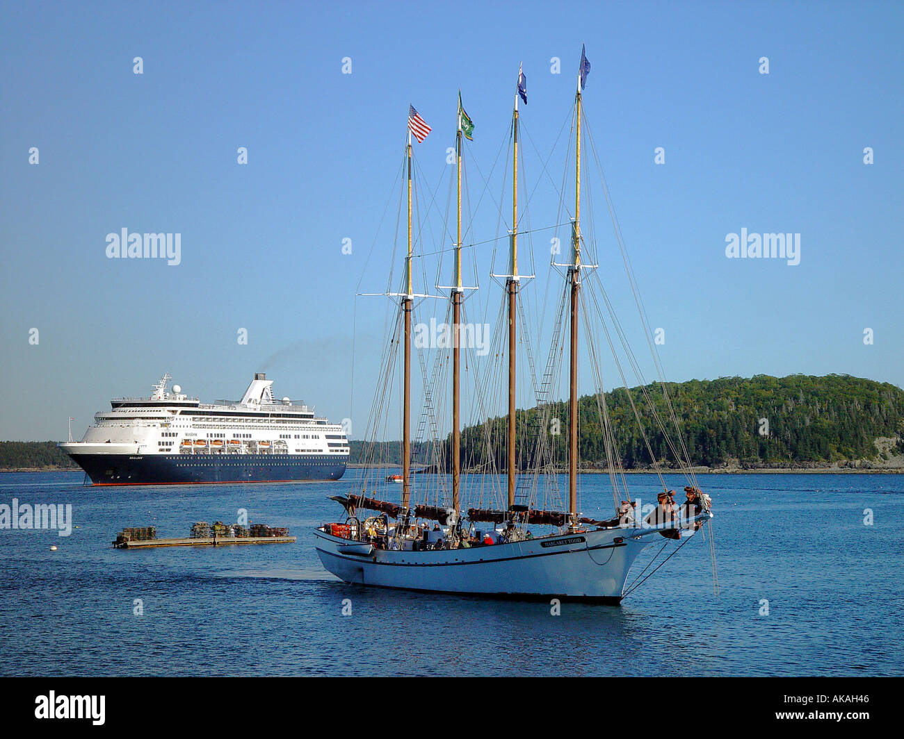 Old tall ship and new cruise ship Bar Harbour New England USA Stock ...