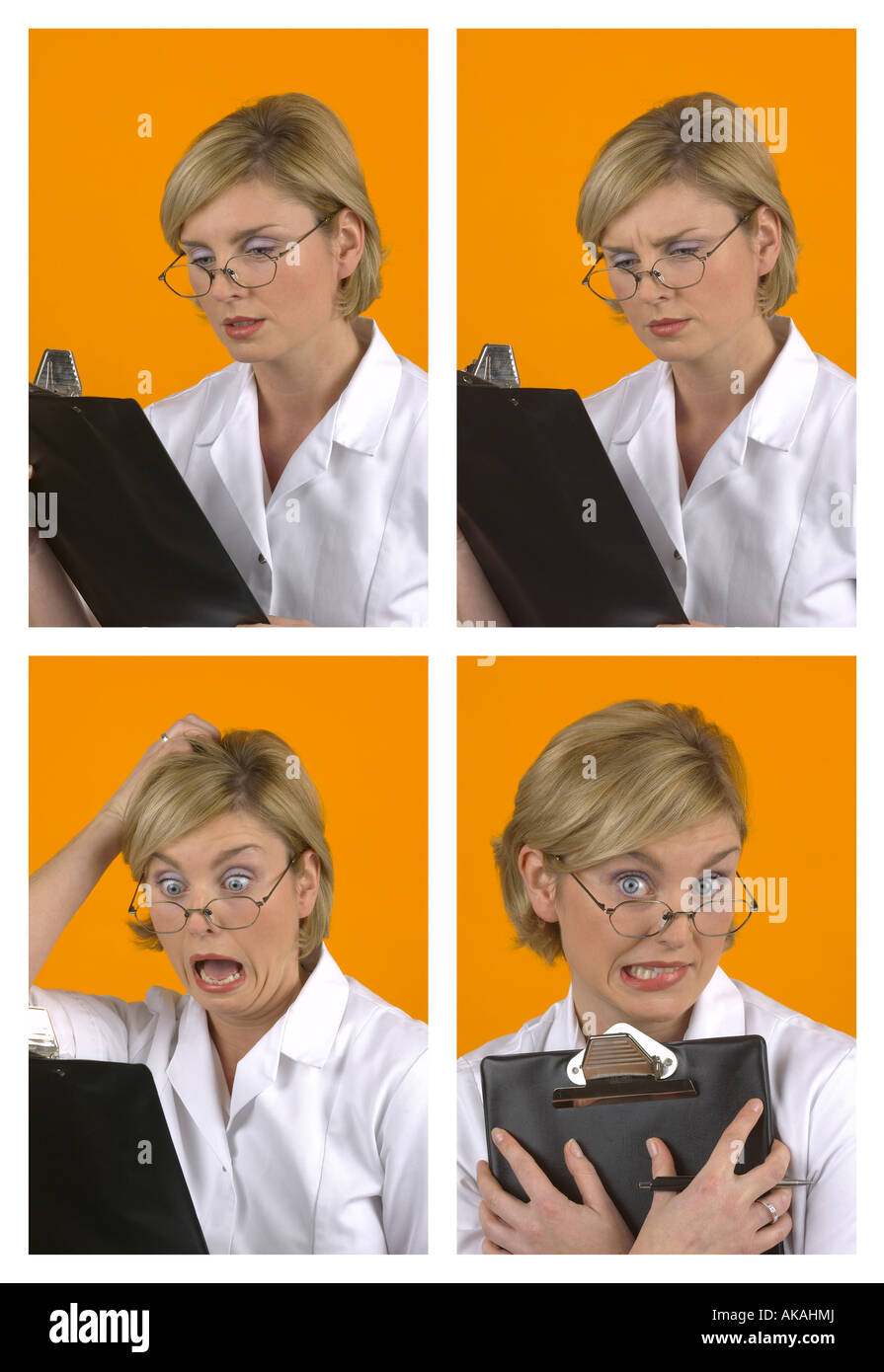 FOUR PICTURE SEQUENCE OF NURSE READING MEDICAL RECORDS WITH EXPRESSION ...