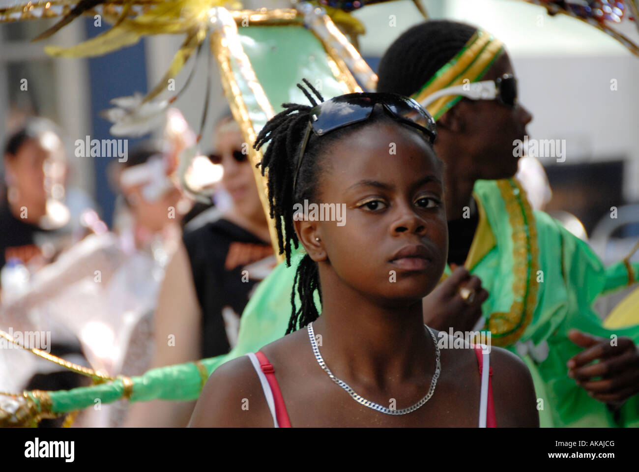 female Performers dancing in the parade at annual Notting Hill Carnival ...