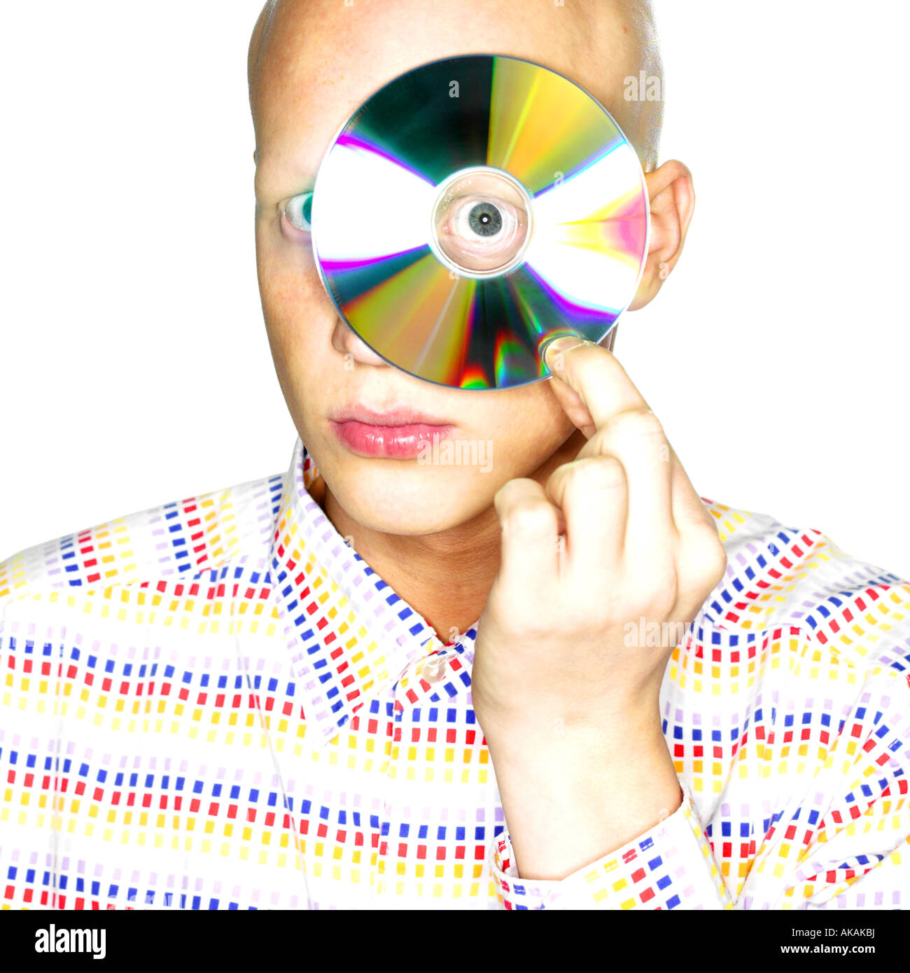 white adult male holding a compact discs cds over eyes wearing stripped ...