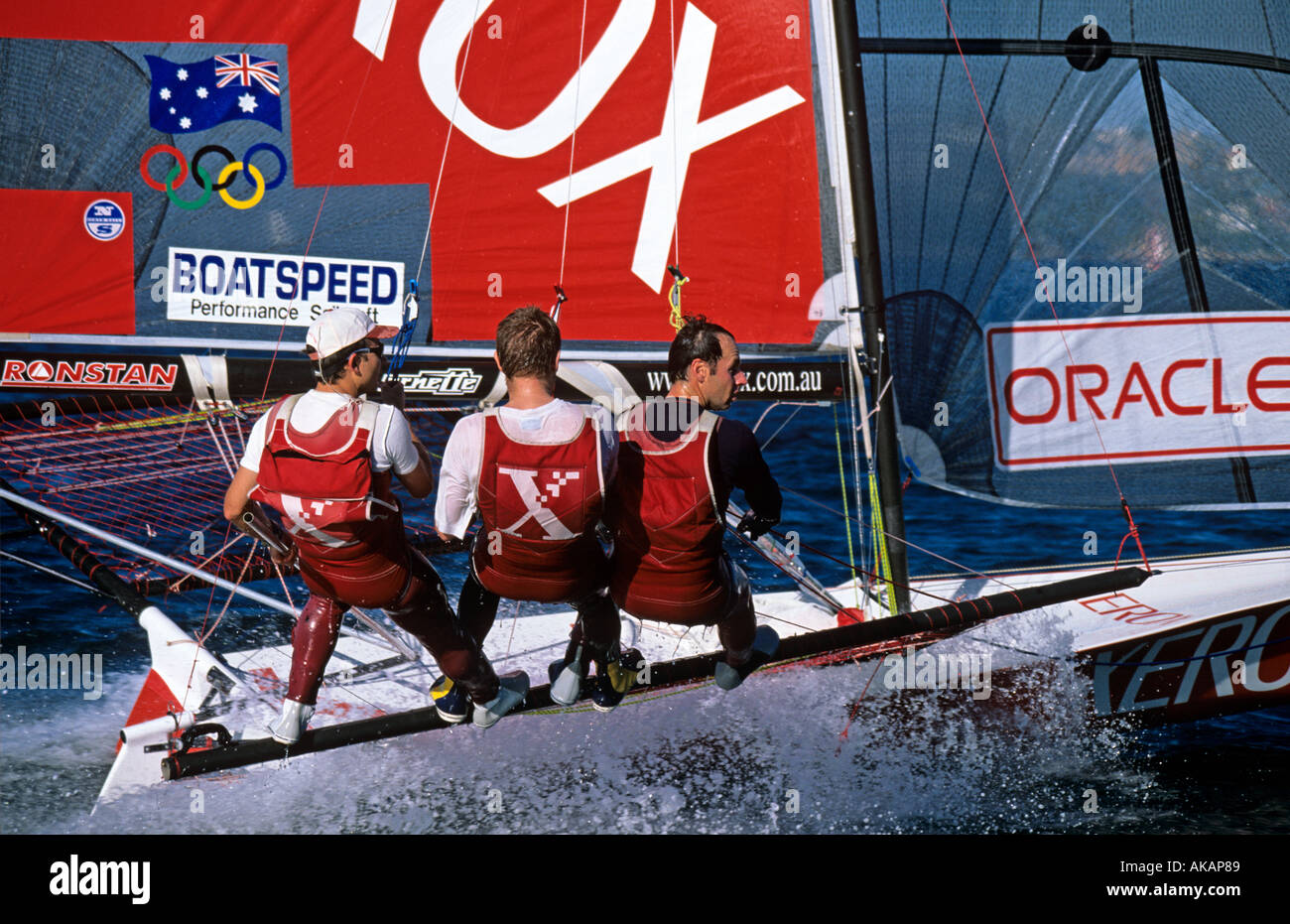 High performance 49ers sailing in Sydney Harbour Australia Stock Photo ...