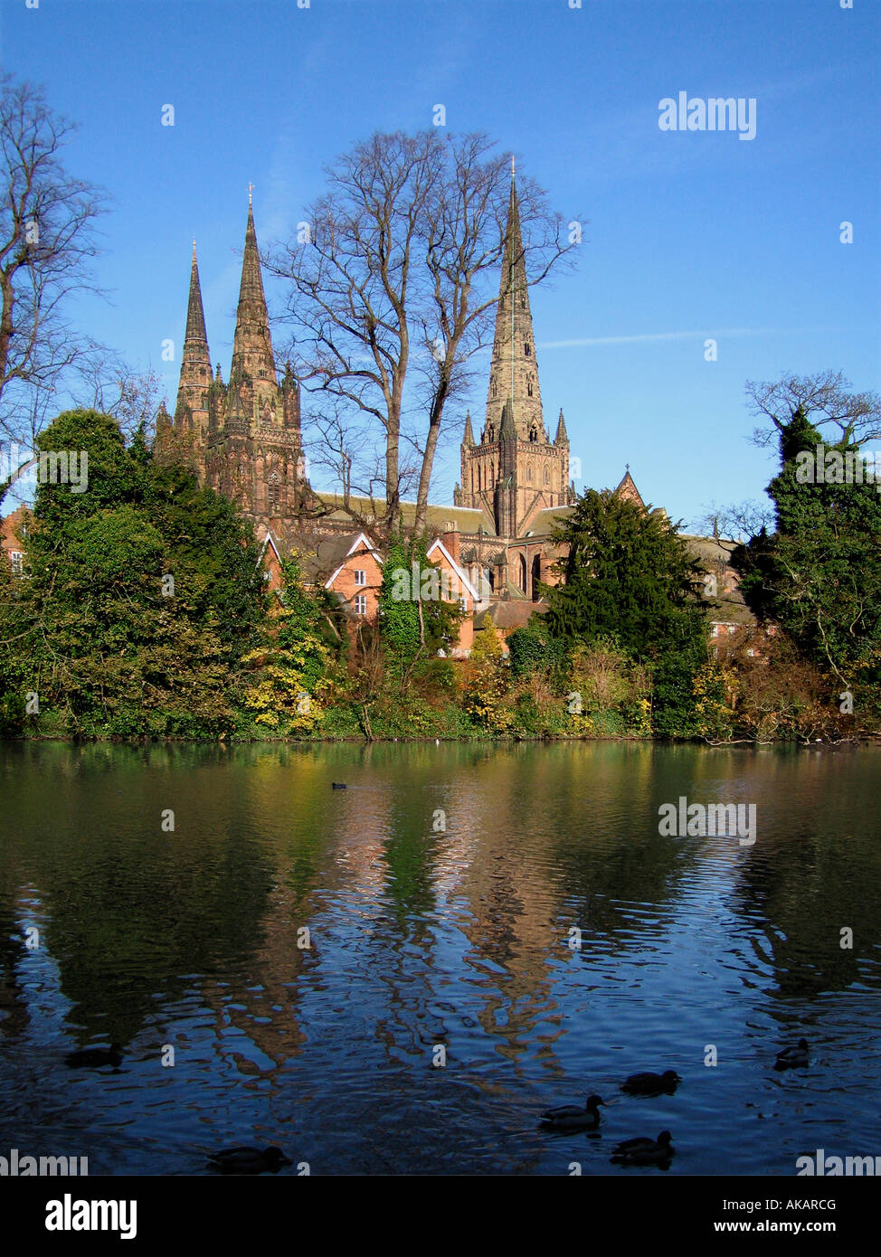 Lichfield Cathedral seen across Minster Pool with reflections Lichfield ...
