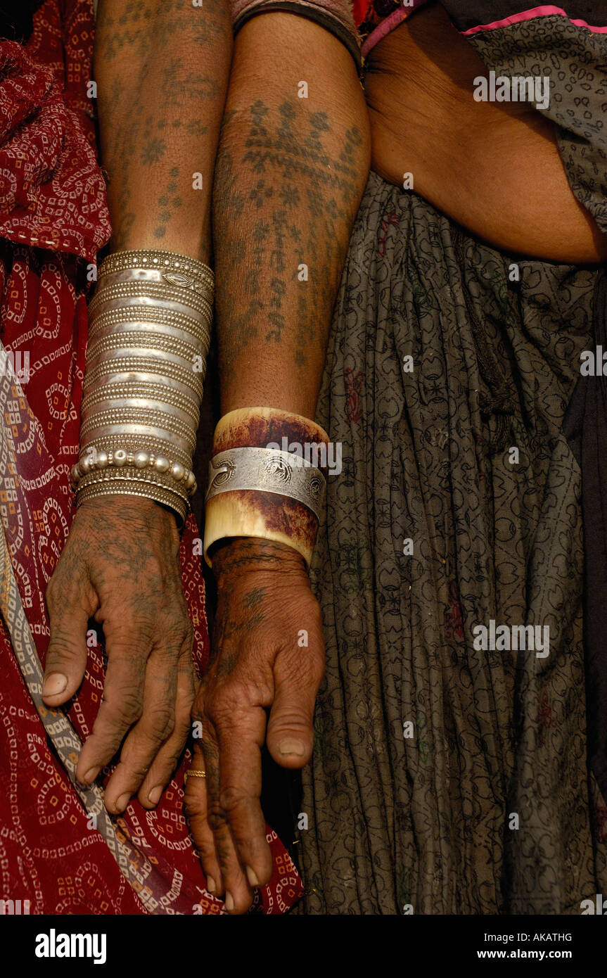 Rabari women wearing their everyday dress and jewellery. Gujarat. Rann ...