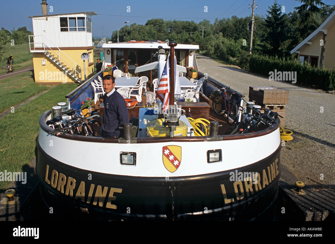Large old barge in lock France Europe Stock Photo - Alamy
