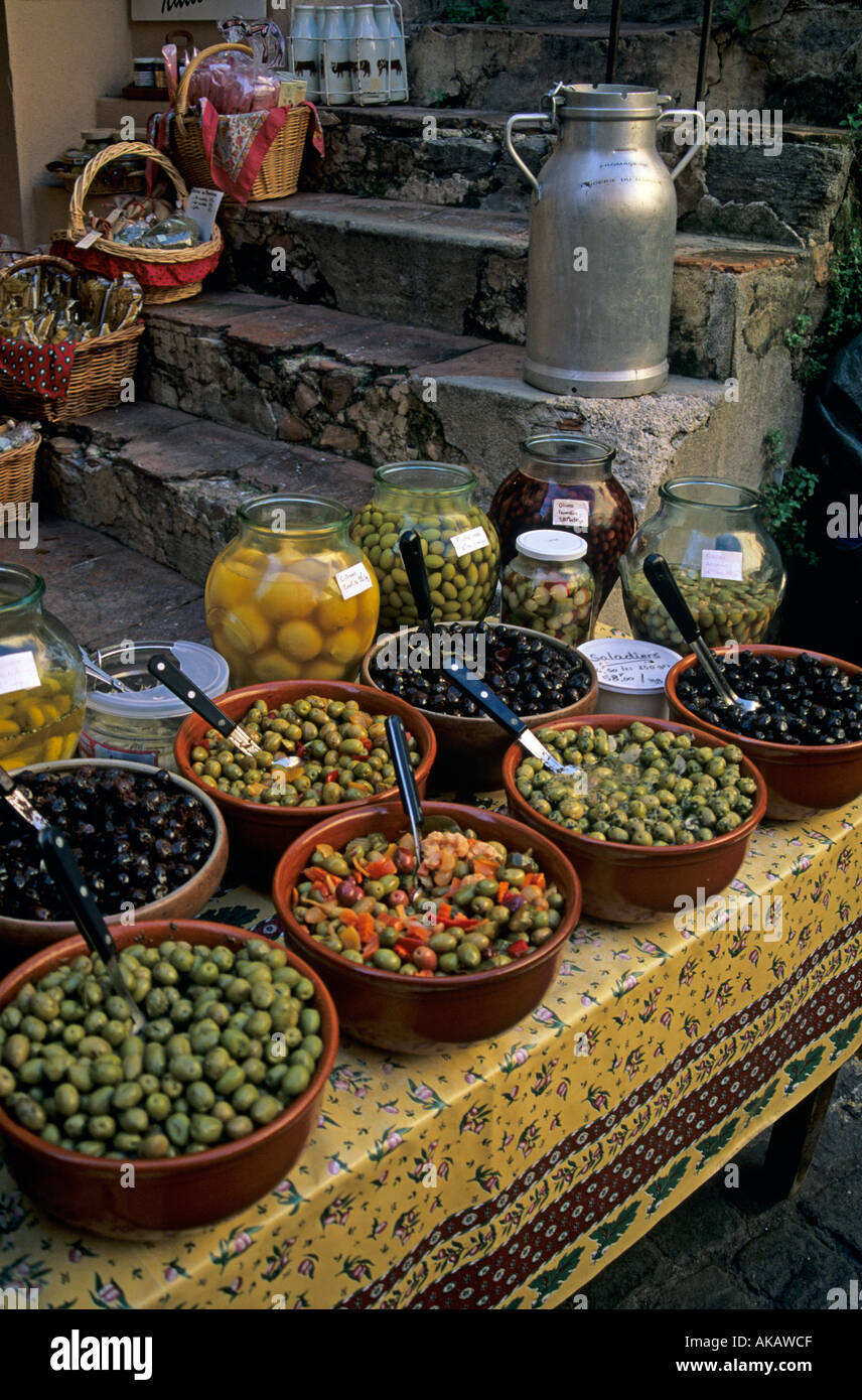 A selection of olives displayed outside a store in St Tropez France ...