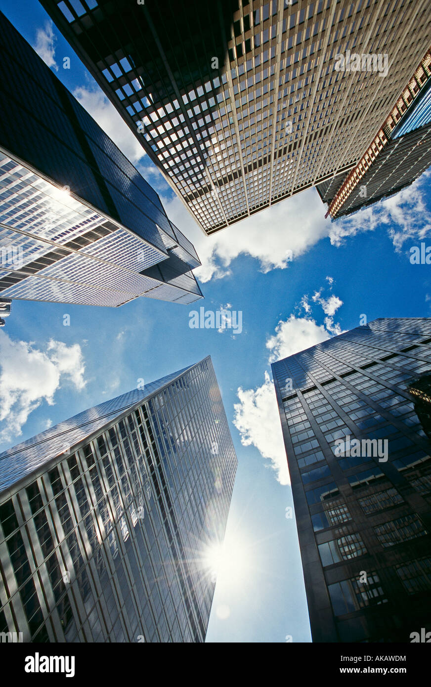 Low angle view looking up at office buildings in downtown Chicago ...