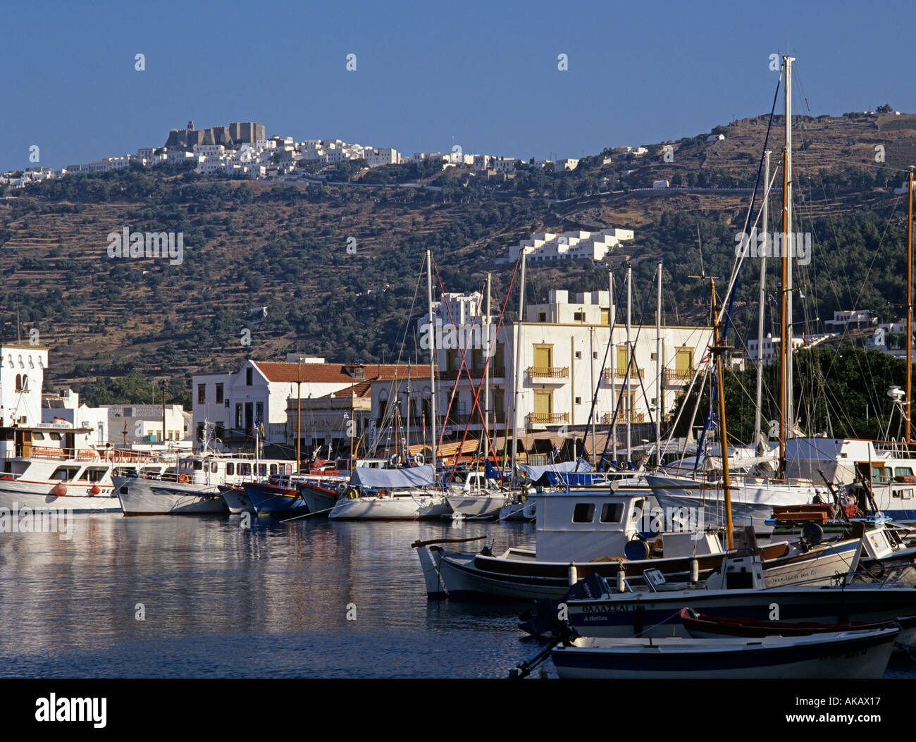 St John Monastery towering over the village of Hora Patmos Greece seen ...