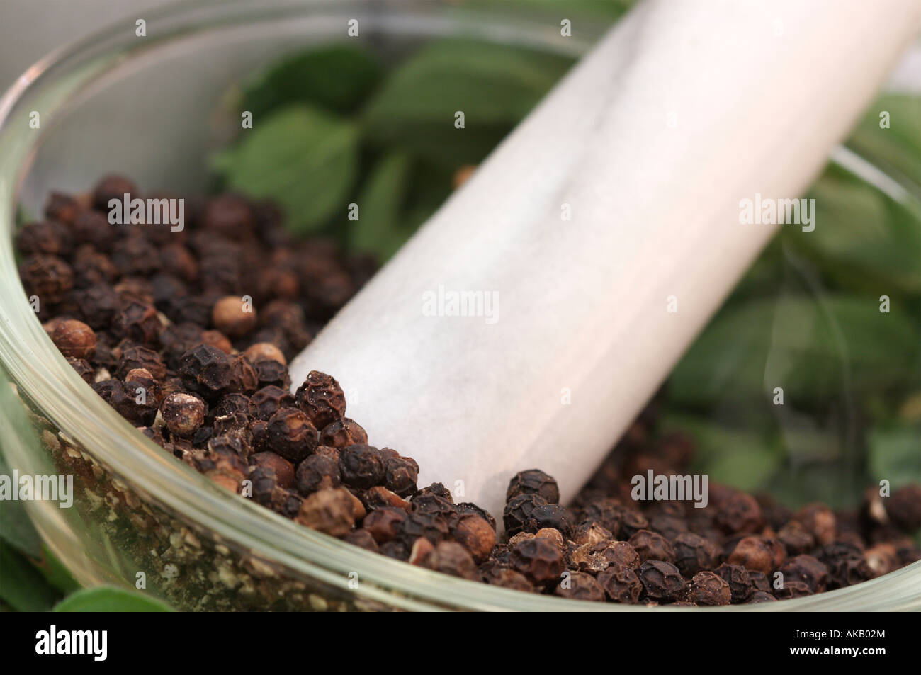 [whole black pepper] corns in glass bowl with pestle Stock Photo - Alamy