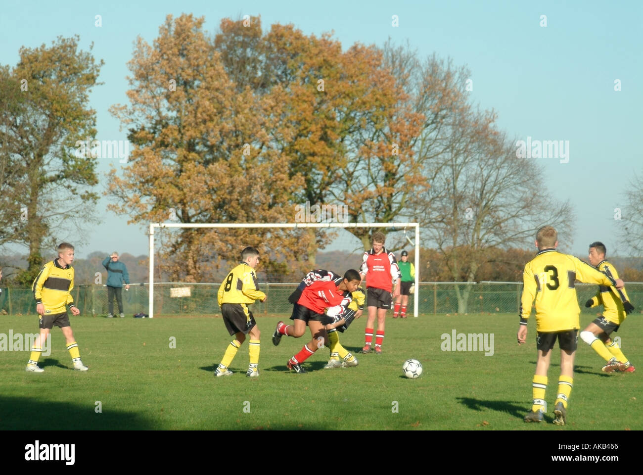 Teenage boys wearing team kit playing organised refereed football match ...
