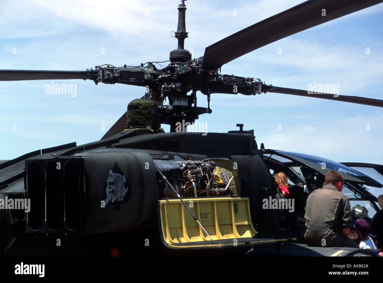 A close up view of a military helicopter or chopper shows complex ...