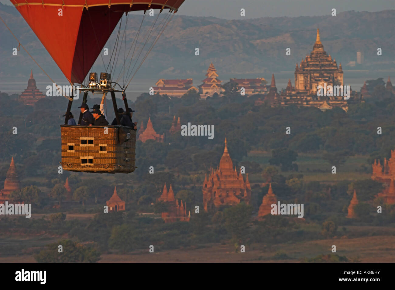 Myanmar, Bagan, Hot Air balloon flying over the temples of Bagan Stock ...