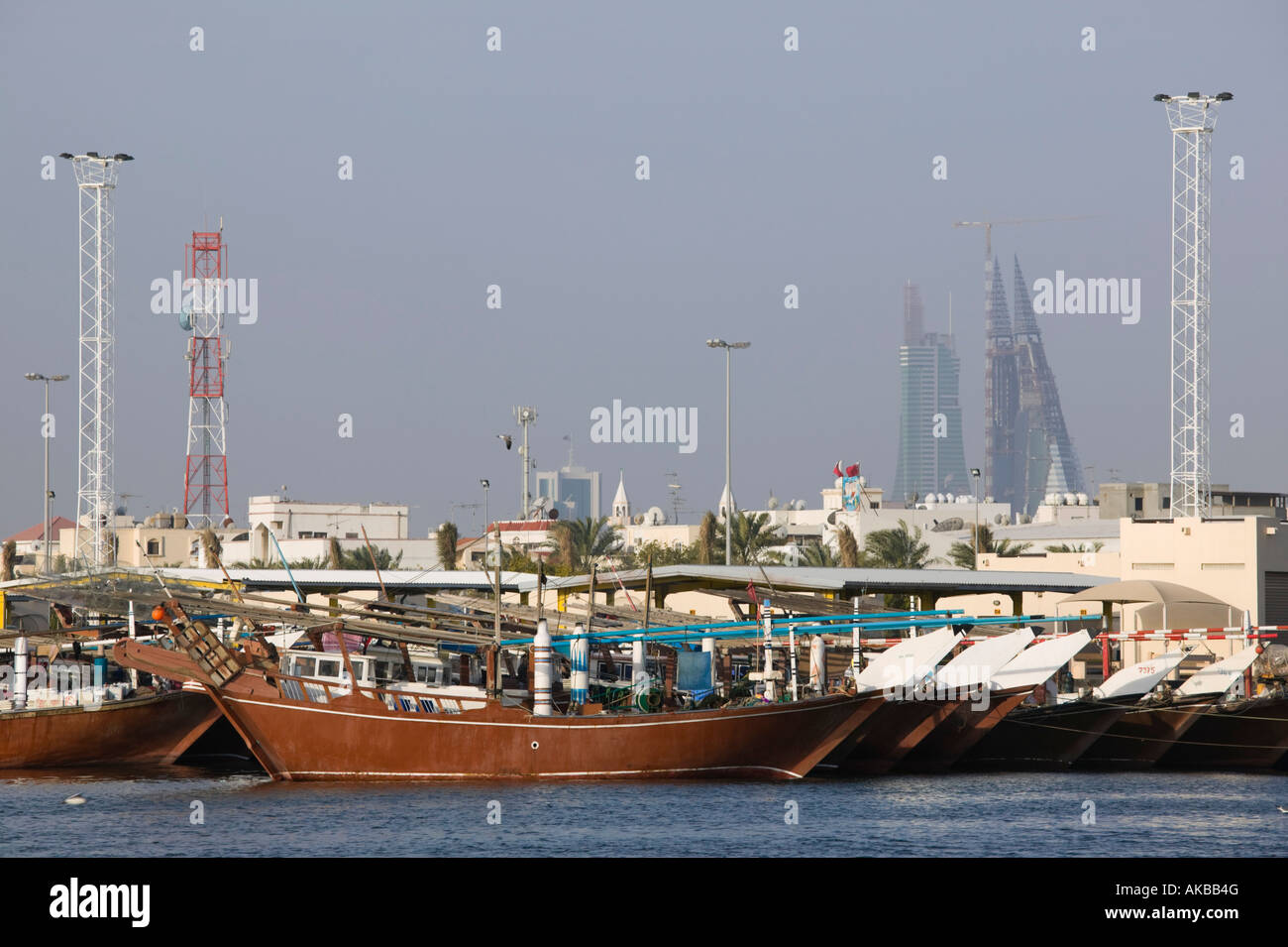 Bahrain, Manama, Manama Skyline from Fishing Port / Al Muharraq Stock ...