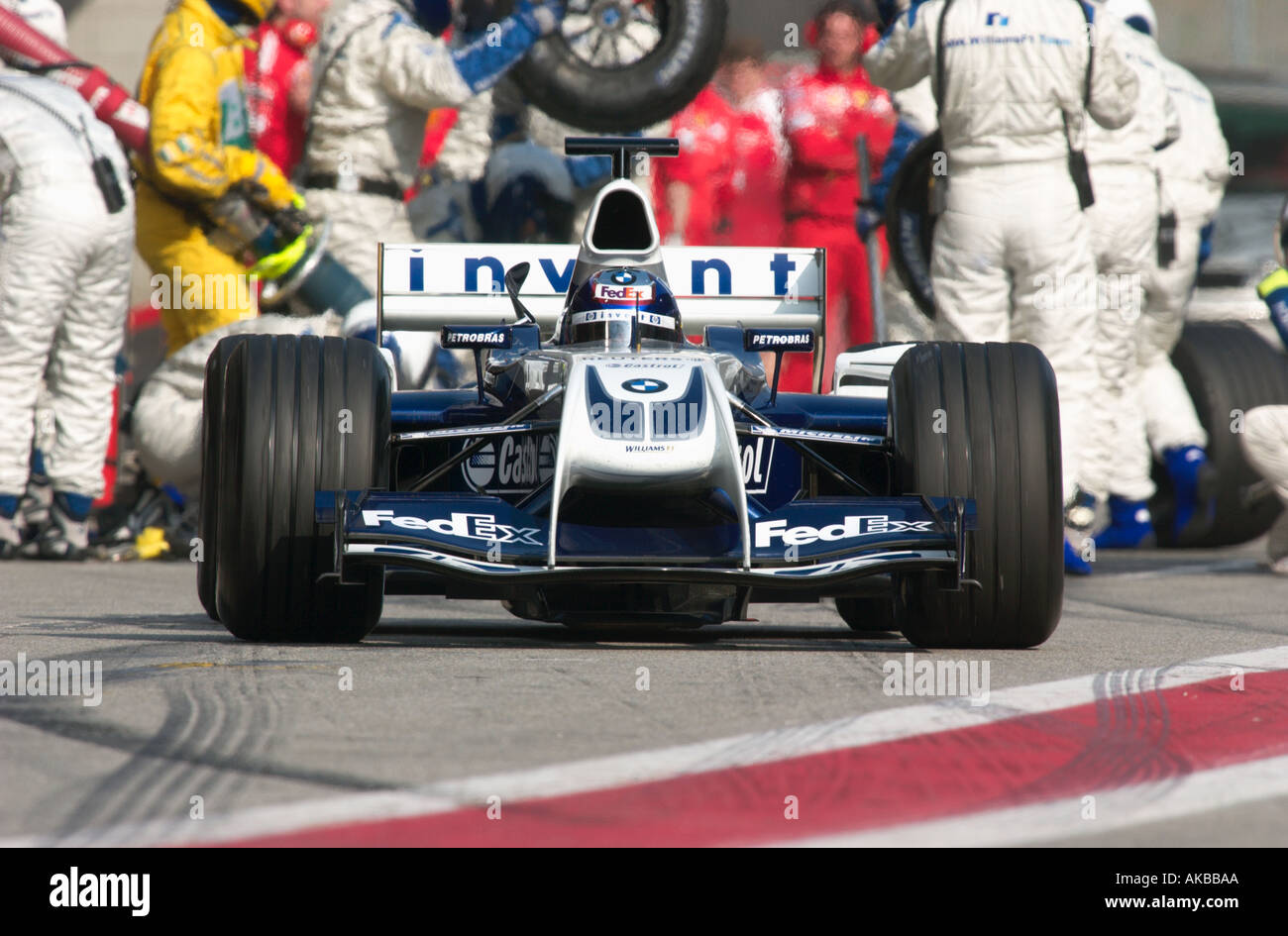 BMW team of Juan Pablo Montoya at a pitstop at the Circuit de Catalunya ...