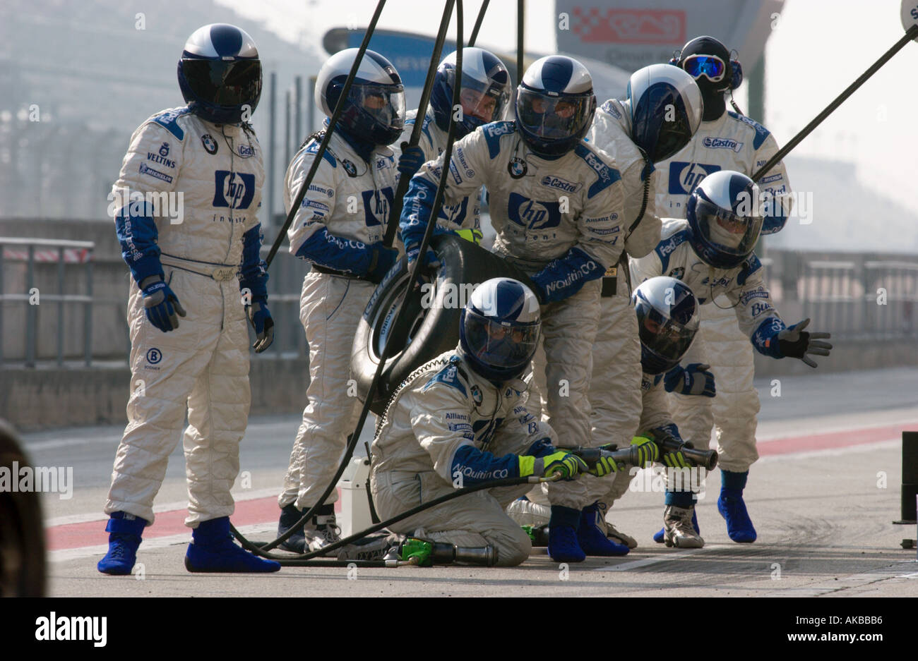 BMW team of Juan Pablo Montoya at a pitstop at the Circuit de Catalunya ...