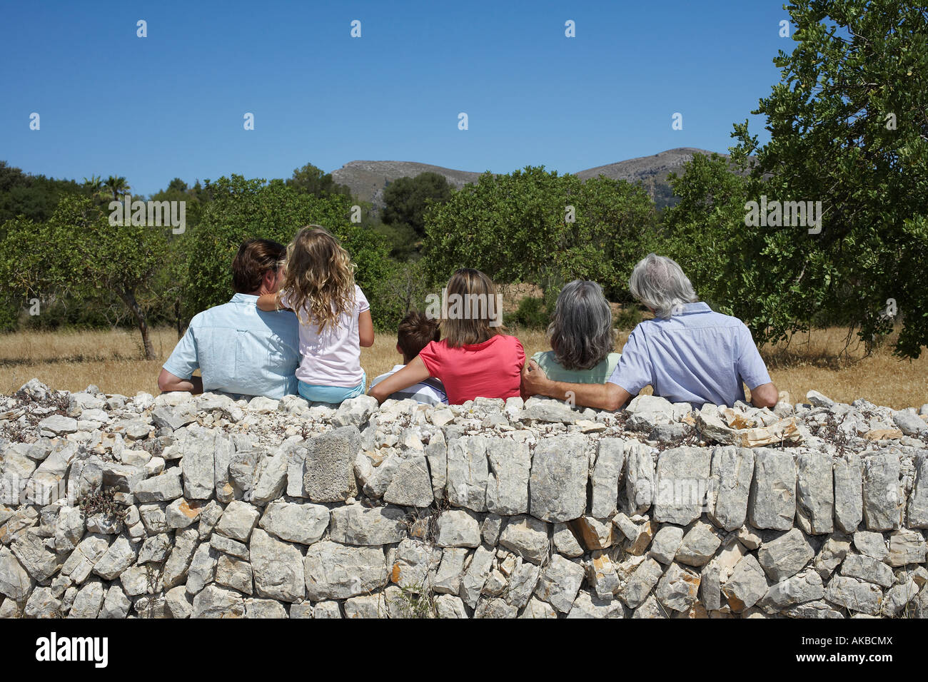 Three-generation family with two children (6-11) by stone wall, back ...