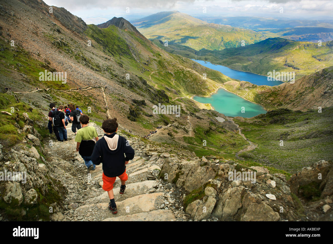 View from top of Mount Snowdon, Wales looking down at lakes Llyn Llydaw ...