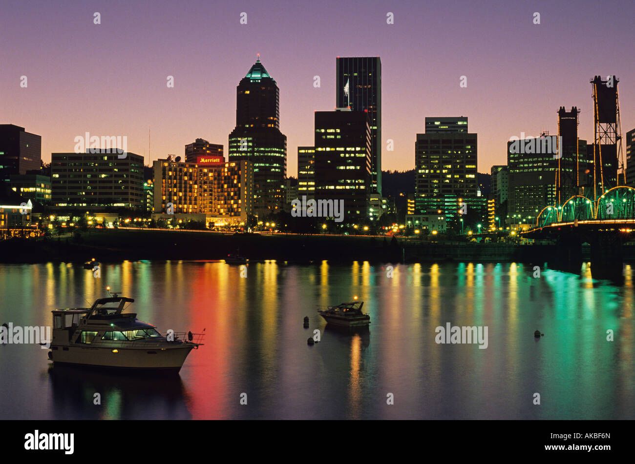 Willamette River with Portland skyline with city lights at night ...