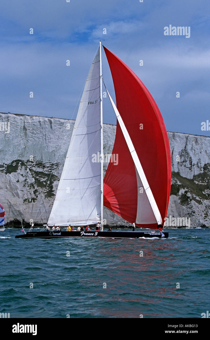 Large Americas Cup Yacht sailing flying spinnaker during round the ...