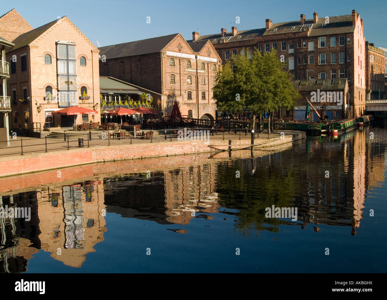 Buildings, pubs and restaurants reflected in the canal at Nottingham ...