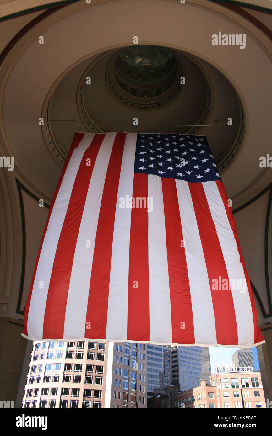 United States of America flag hanging from a rotunda and waving in the ...
