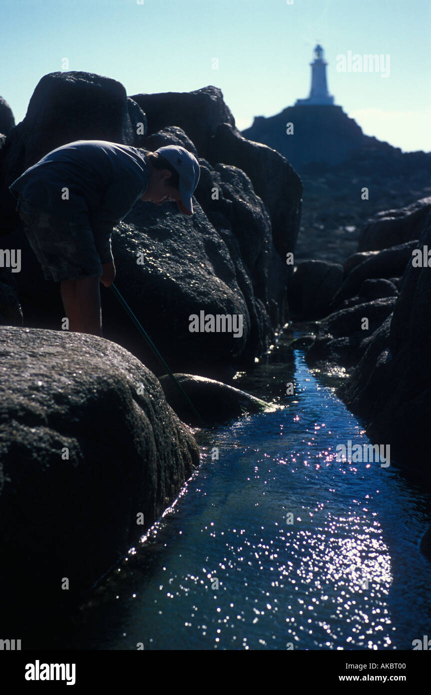 Young boy exploring rock pools in Jersey, Channel Islands Stock Photo ...