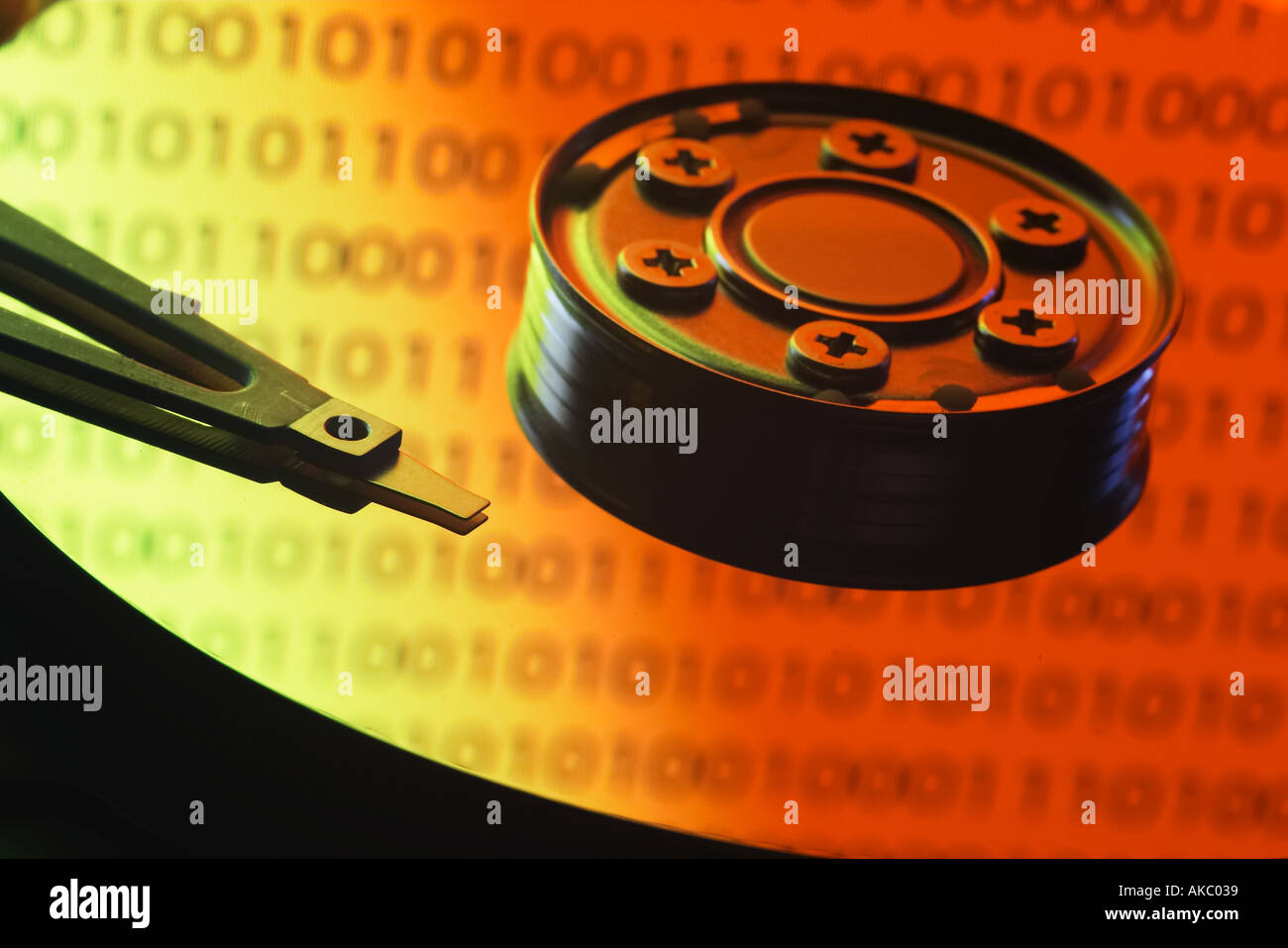 Hard disk platter Red and yellow with binary Stock Photo - Alamy