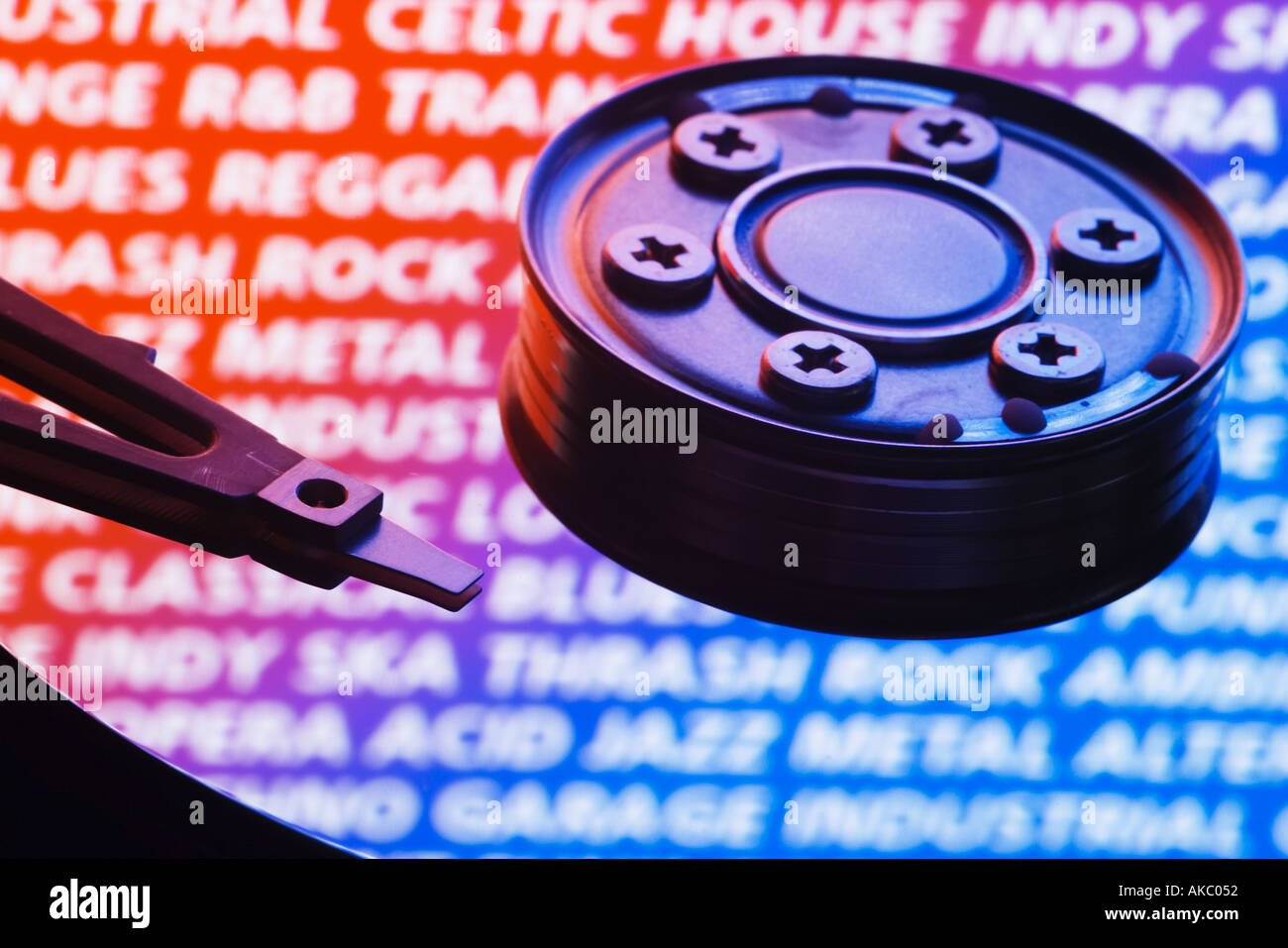 Hard disk platter red and blue with music Stock Photo - Alamy