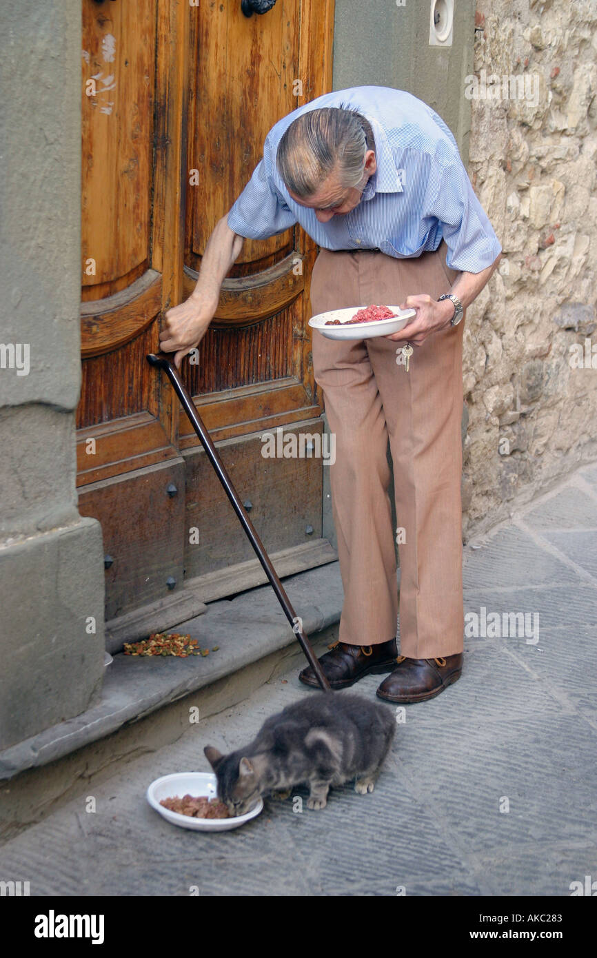 Old man feeding his cat Radda in Chianti Italy Stock Photo - Alamy
