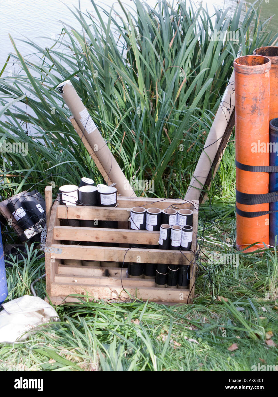 fire works in the day time setting up ready to fire Stock Photo - Alamy