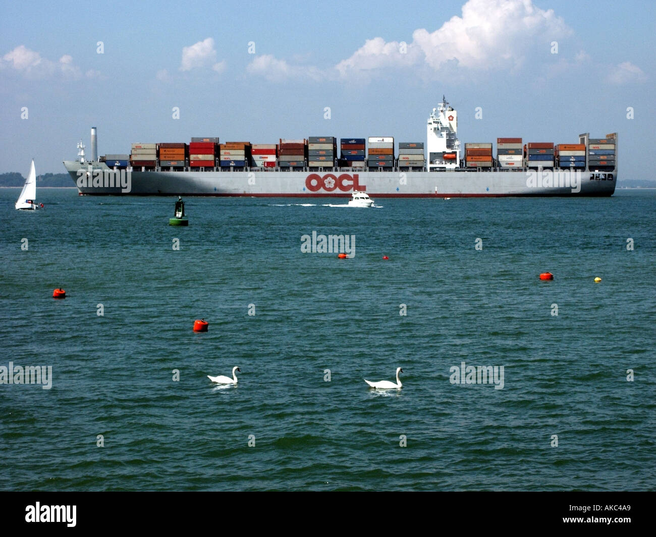 View from West Cowes swans and OOCL container ship loaded with shipping ...