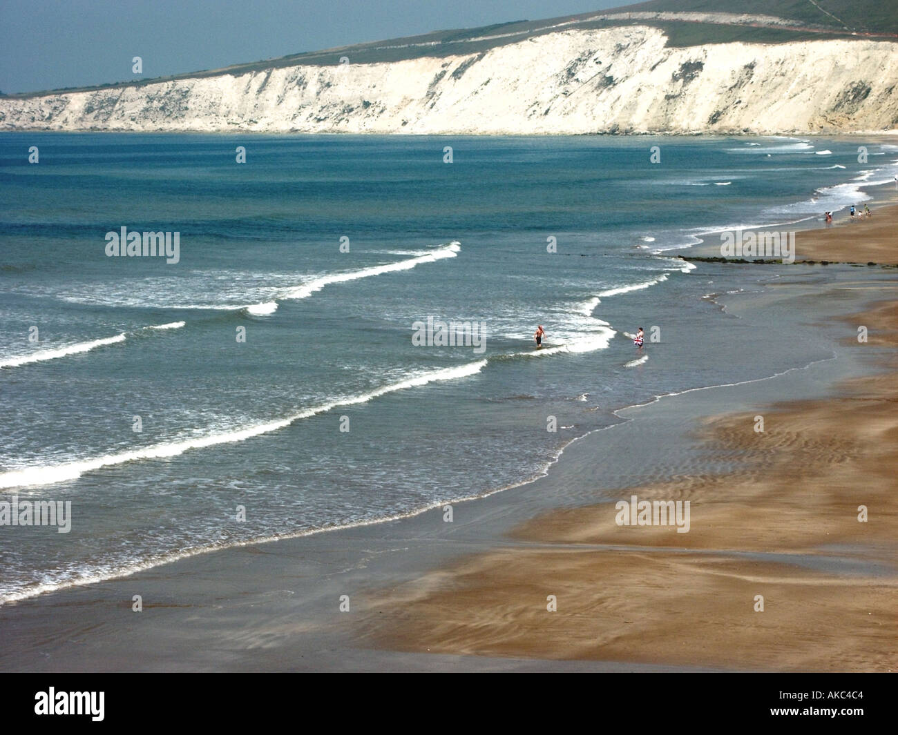 Chalk cliff costal shoreline landscape & seascape with sandy beach at ...