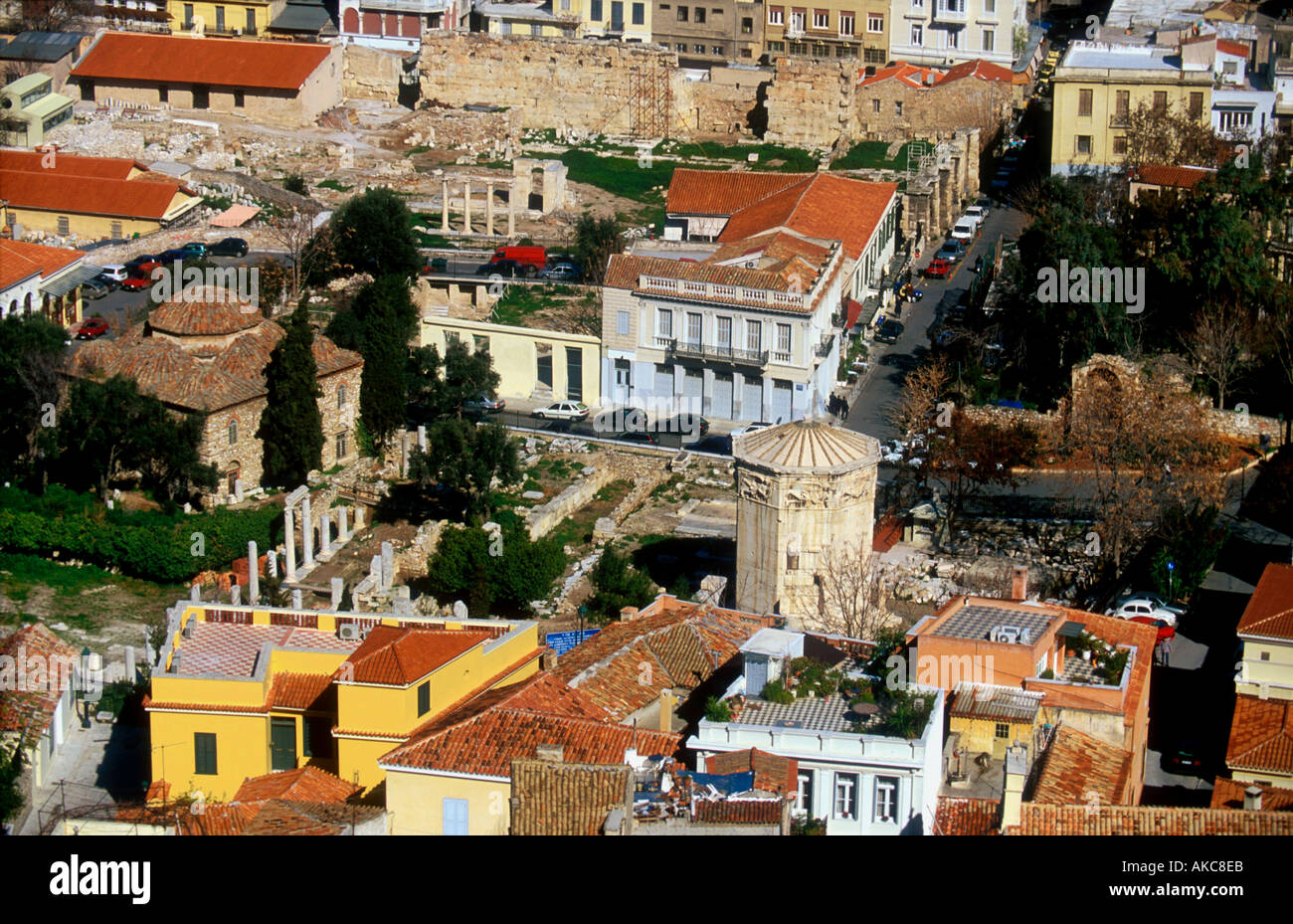 greece athens plaka view from acropolis over plaka and the tower of the ...