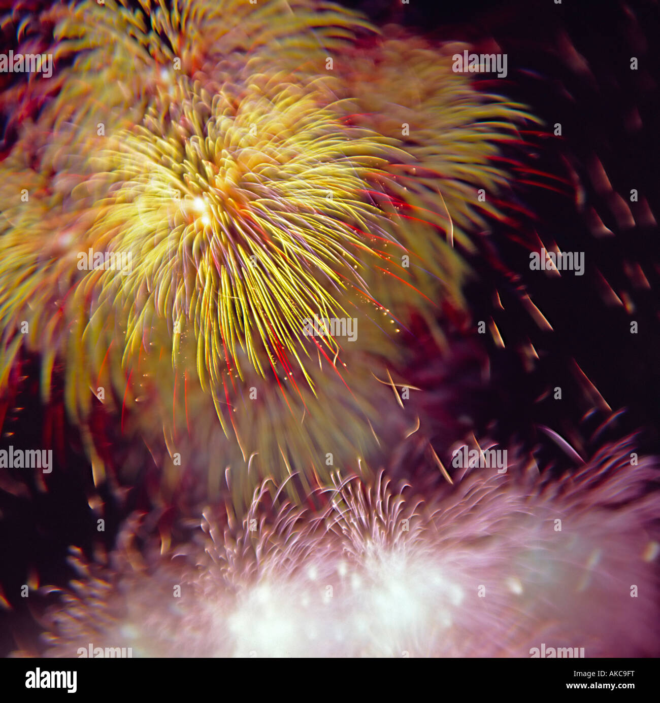 launching fireworks in different colours on black night sky Stock Photo ...
