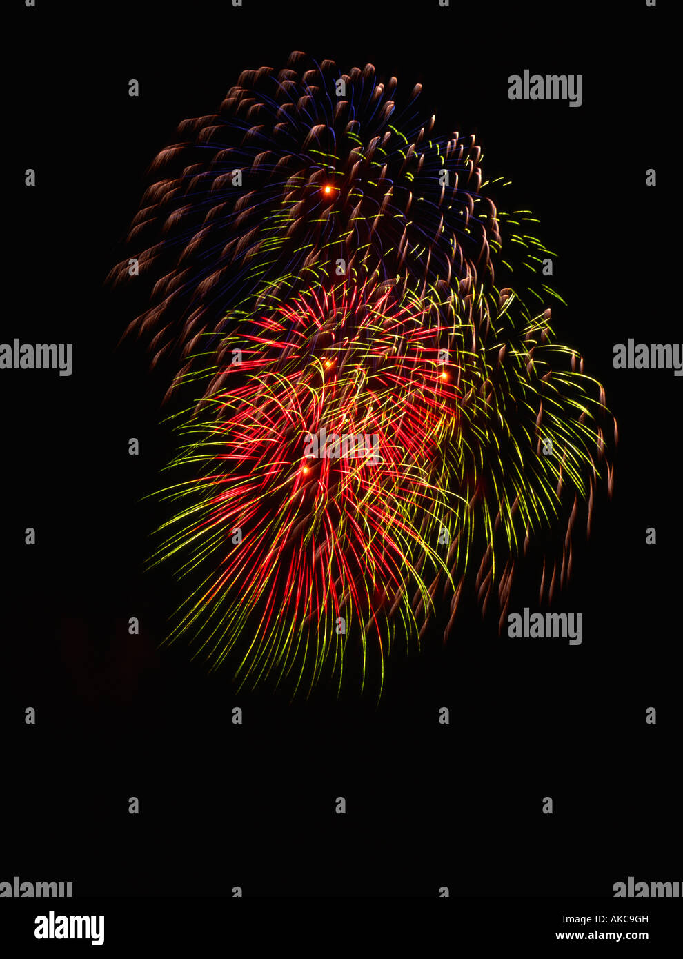 launching fireworks in different colours on black night sky Stock Photo ...