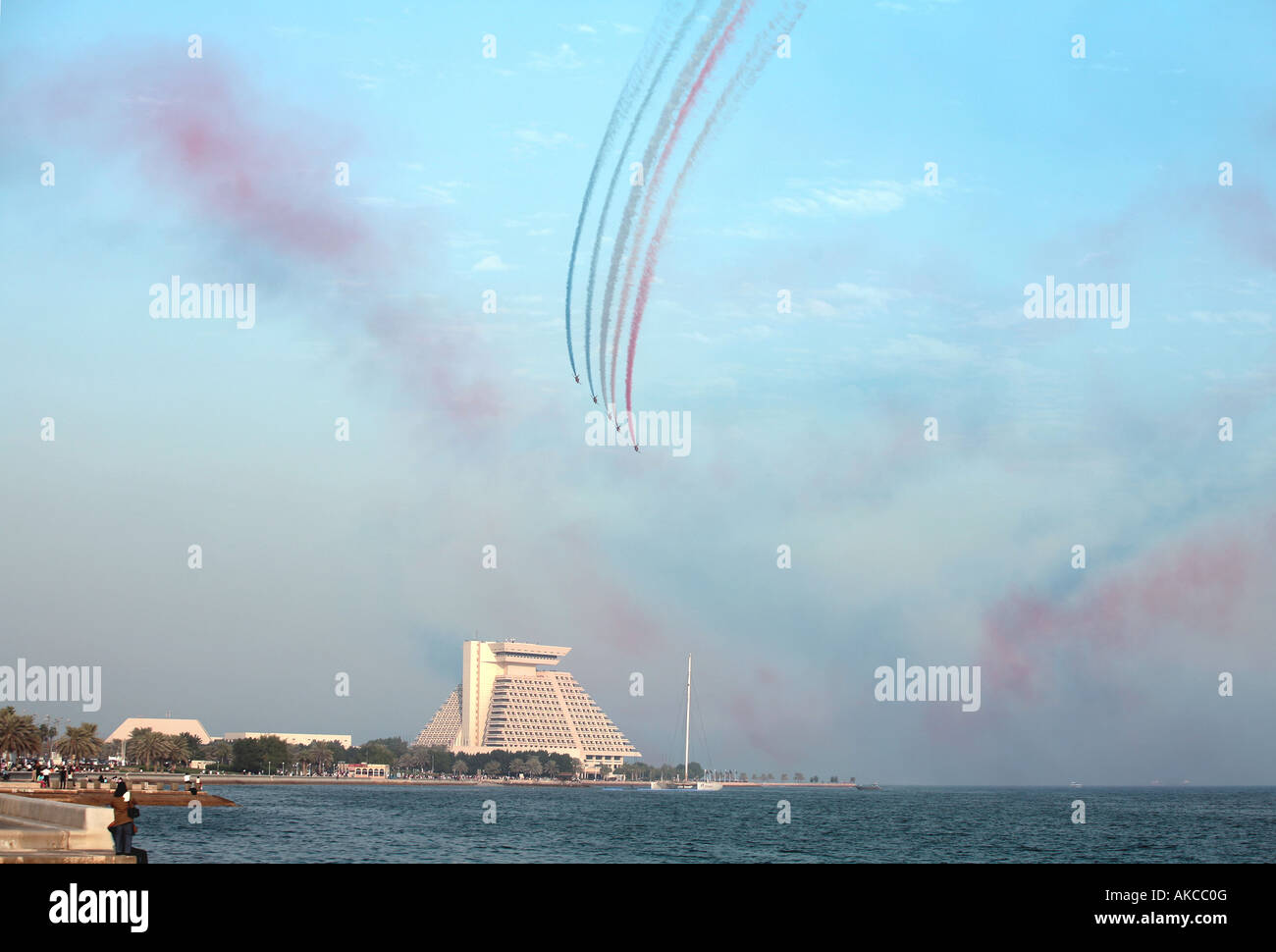 The British Red Arrows aerobatic display team in action over Doha Qatar ...