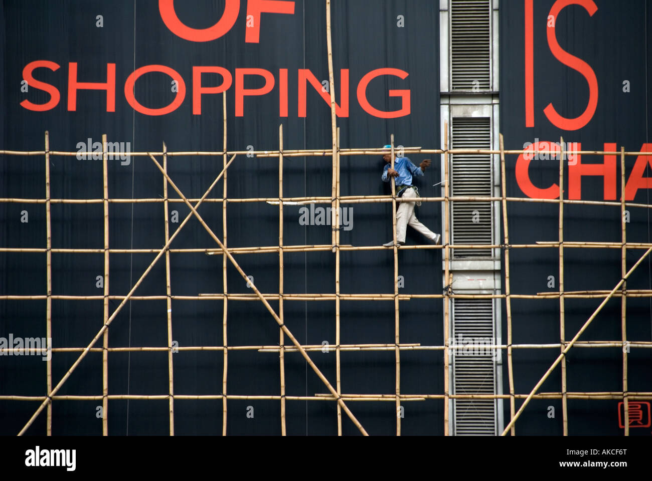 A deft scaffold worker walks along bamboo poles erected for a large ...